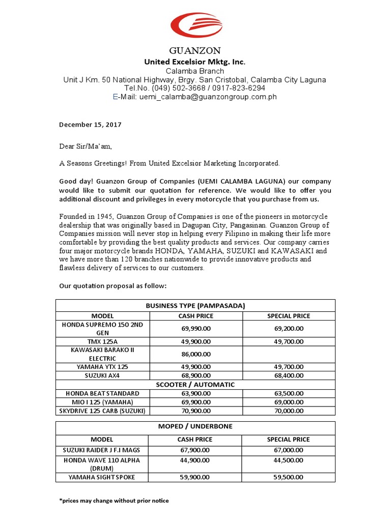 Company Quotation NEW | PDF | Motorcycle | Land Vehicles
