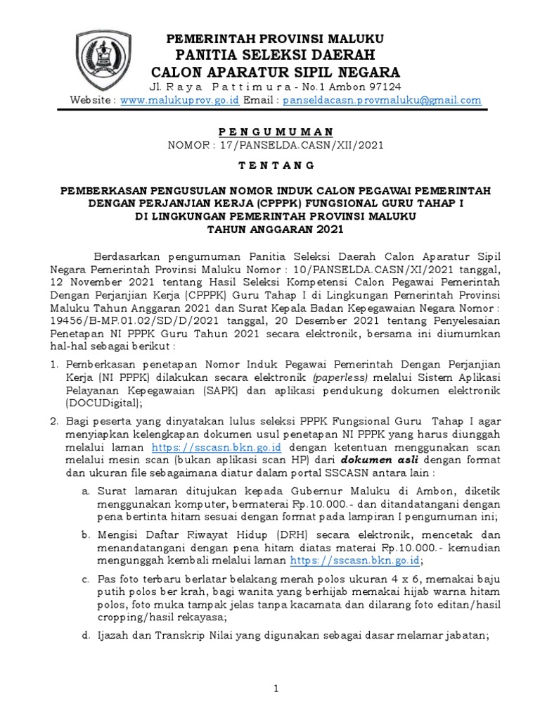 Pengumuman Pemberkasan Pengusulan NI PPPK Guru Tahap I - Ok | PDF