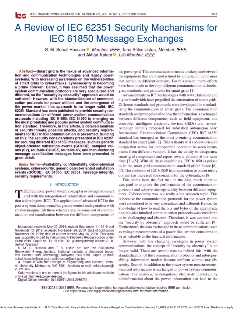 A Review of IEC 62351 Security Mechanisms For IEC 61850 Message ...