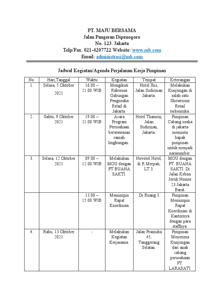 JADWAL KEGIATAN KERJA PIMPINAN PT. MAJU BERSAMA | PDF