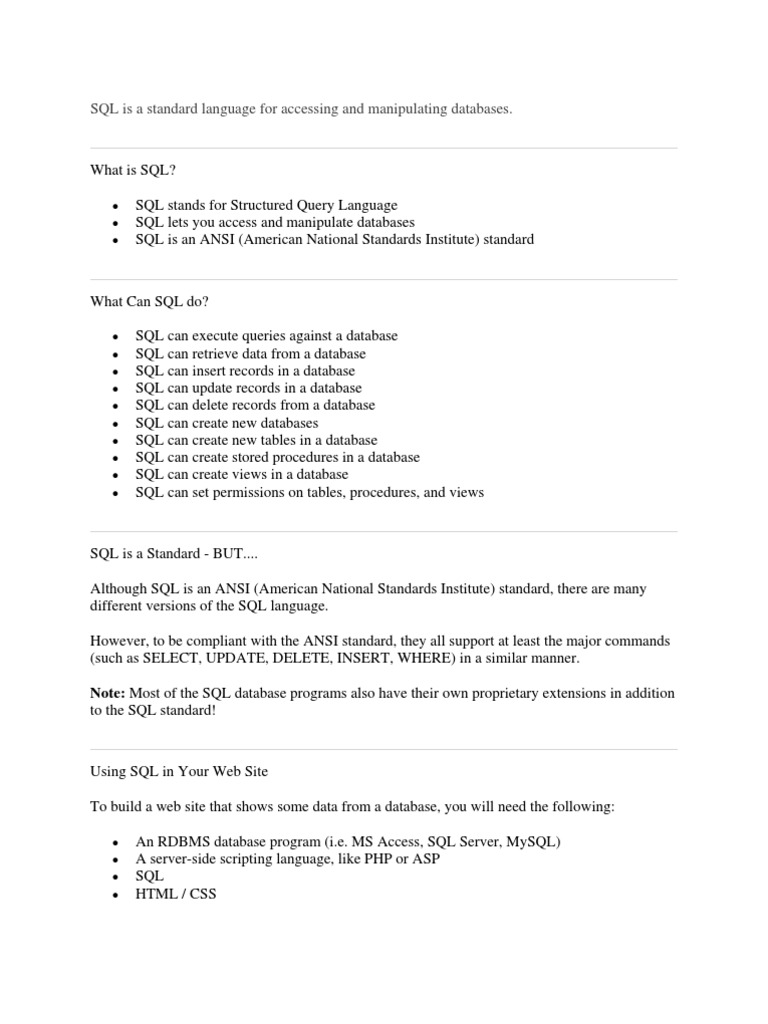 SQL Is A Standard Language For Accessing and Manipulating Databases | PDF | Sql | Relational ...