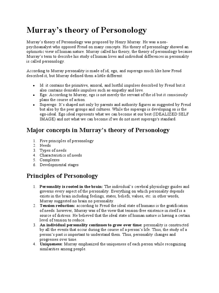 Murray's Personology Theory Explained | PDF | Id | Personality Psychology