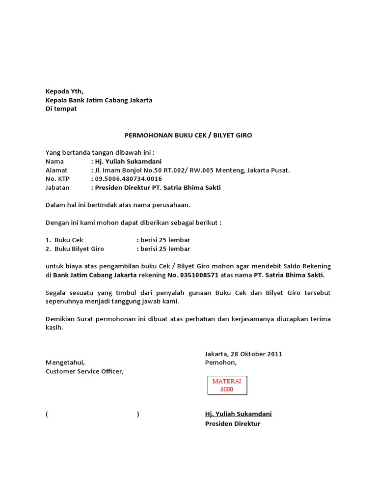 Permohonan Buku Cek-BG Bank Jatim | PDF