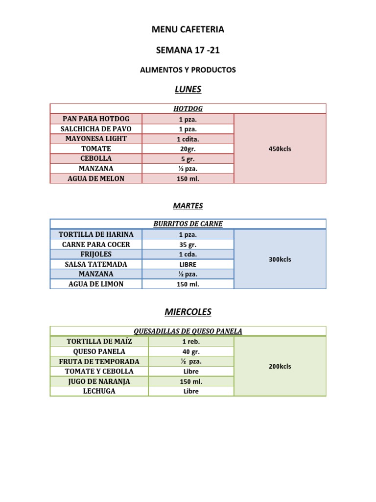 Menú Semanal Cafetería Pancho Maíz | PDF | Pancho | Maíz