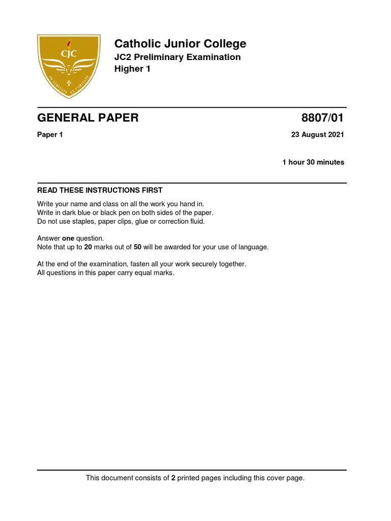 2021 JC2 GP Prelim Paper 1 Question Paper | PDF