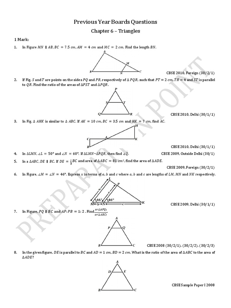 Previous Year Boards Questions on Triangles | PDF | Triangle | Area