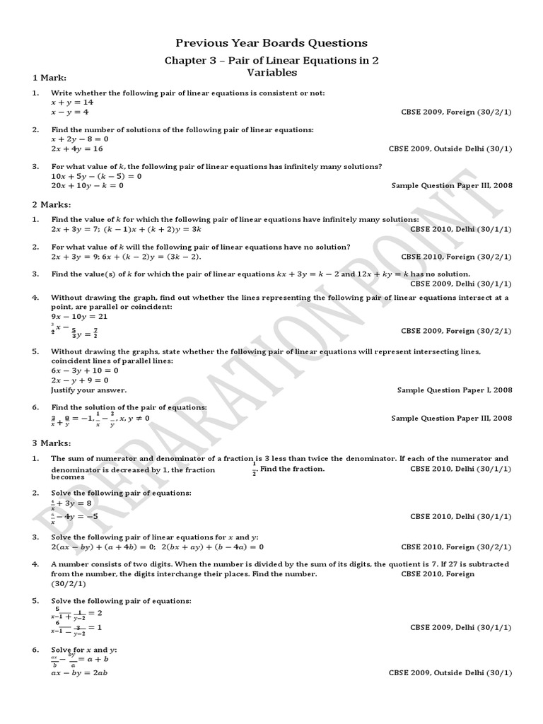 Pair Of Le In 2 Variables Prev Year Ques Pdf System Of Linear Equations Equations 