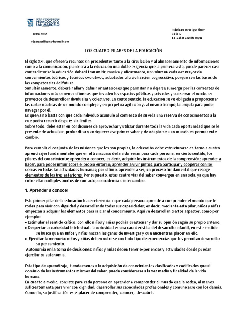 Los Cuatro Pilares de La Educación | PDF | Aprendizaje | Pensamiento