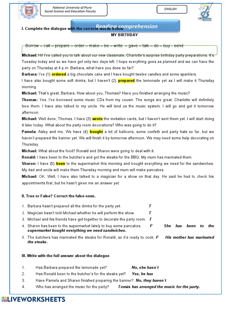 Reading Comprehension Present Perfect 2 | PDF