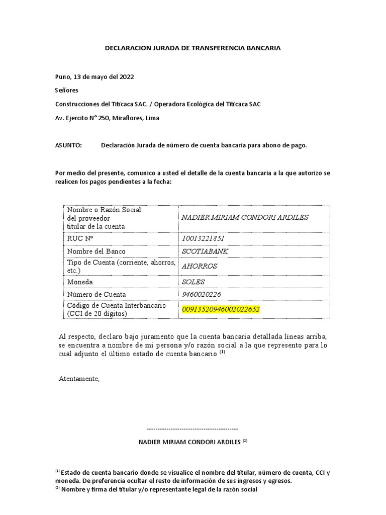 Formato - Declaracion Jurada de Transferencia Bancaria | PDF