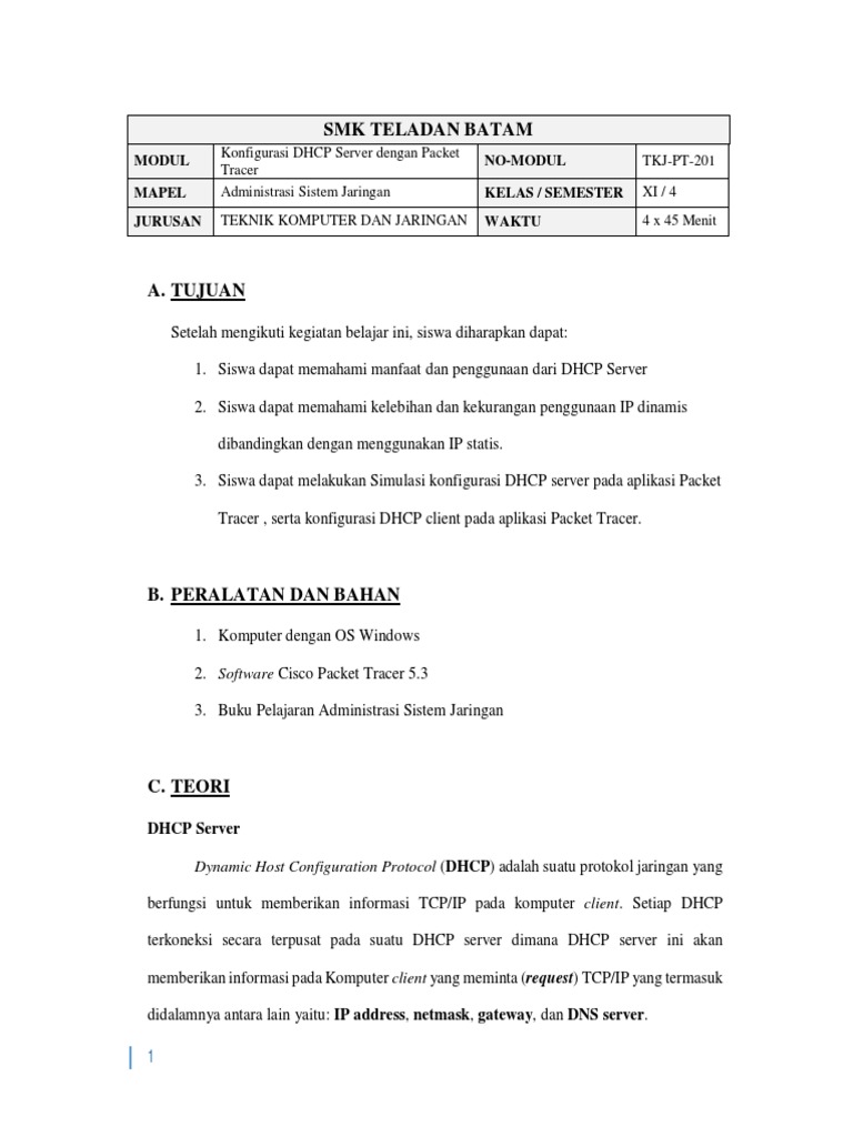 1.job Sheet Konfigurasi DHCP Server Dengan Packet Tracer | PDF