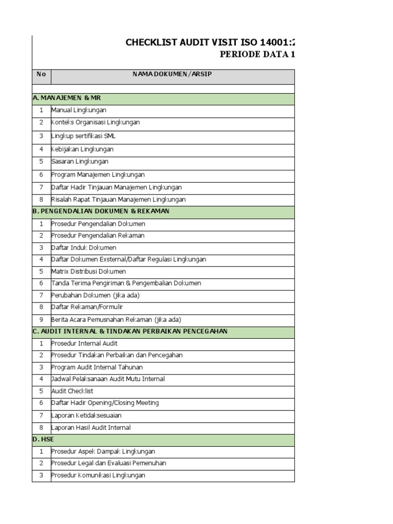 Check List Rekaman Audit Iso 14001 | PDF