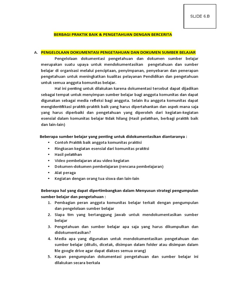 SLIDE 6.B.Bahan Bacaan Pengelolaan Dokumen Sumber Belajar Dan Berbagi Praktik Baik 010921 | PDF