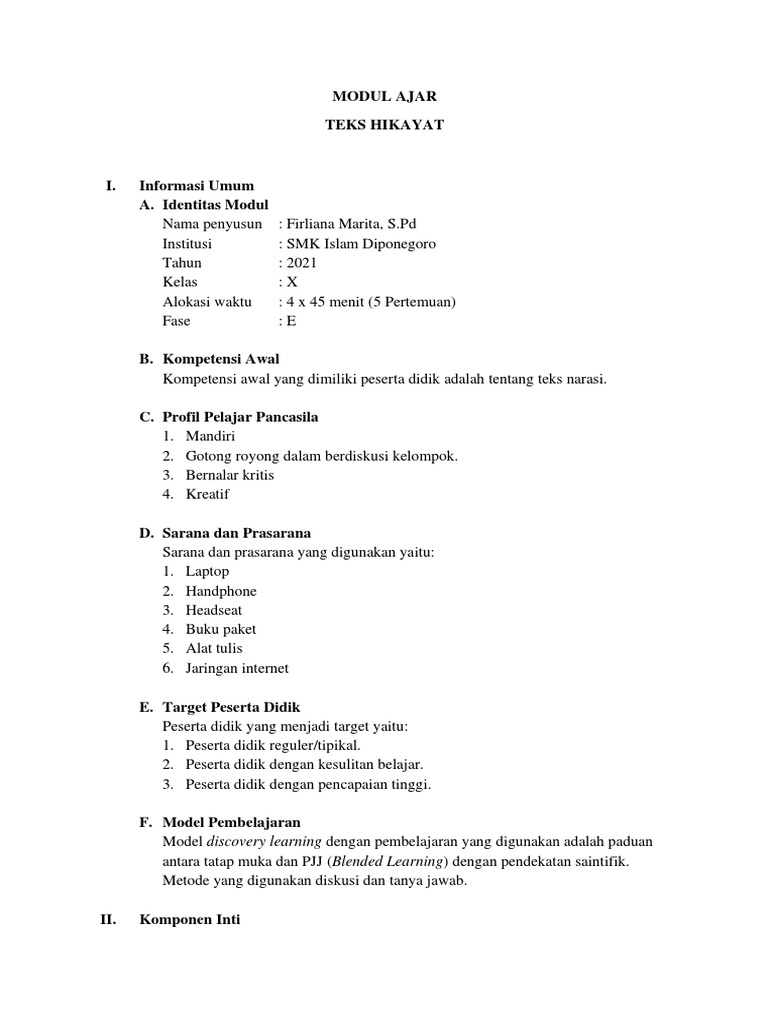Modul Ajar X Teks Hikayat | PDF