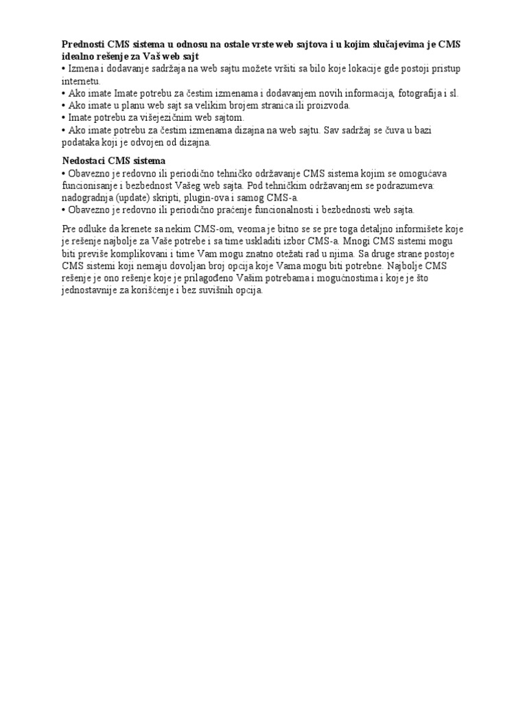 4.čas - Prednosti I Nedostaci CMS Sistema | PDF