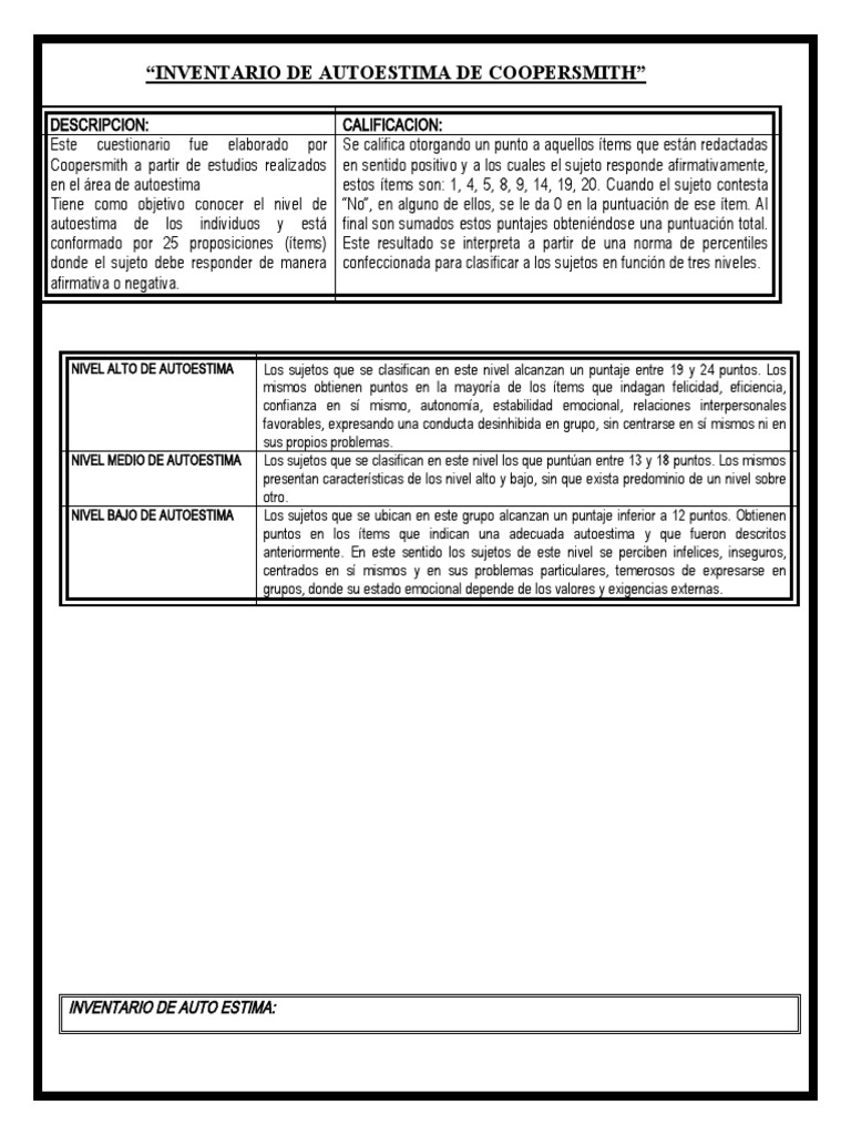 Inventario de Autoestima de Coopersmith | PDF | Autoestima | Sicología