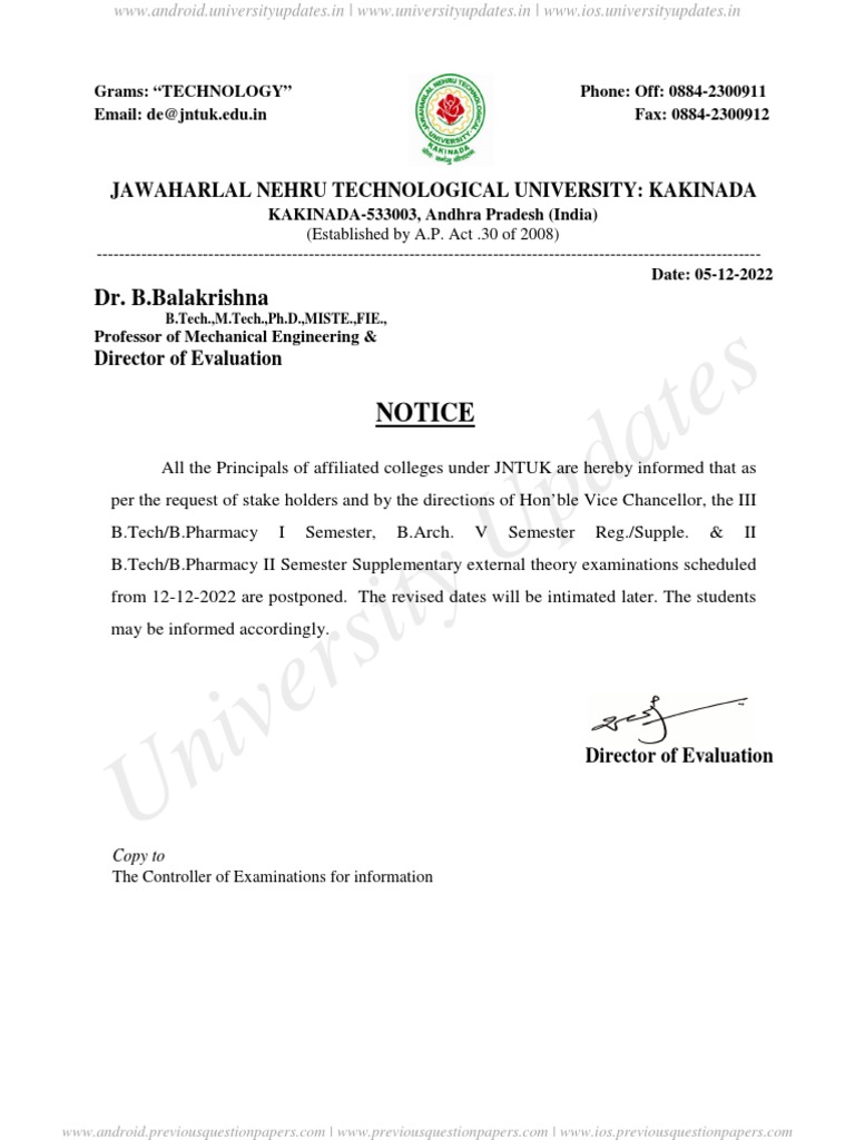 JNTUK Exams Postponed Notice 05-12-22 | PDF | Titles | Engineering