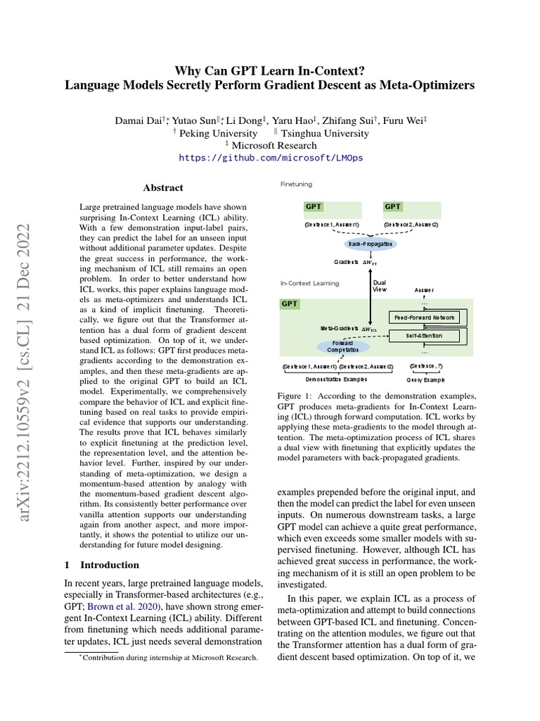 Why Can Gpt Learn In Context Pdf Matrix Mathematics Systems Science