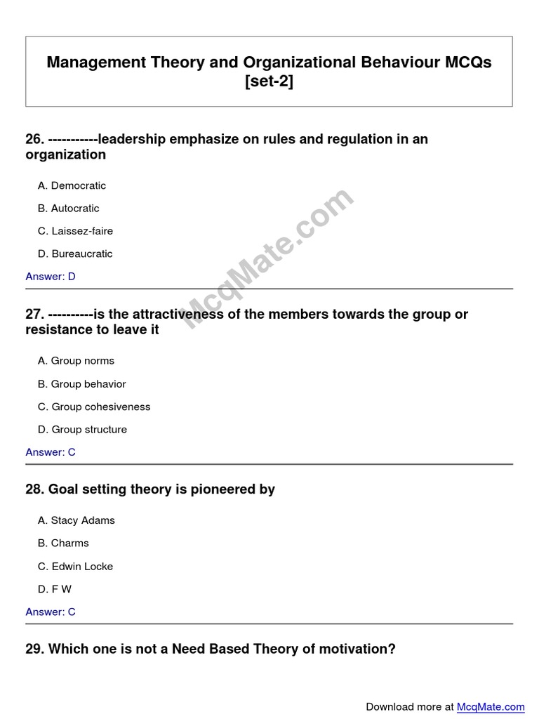 Management-Theory-And-Organizational-Behaviour Solved MCQs (Set-2) | PDF | Psychology | Behavior