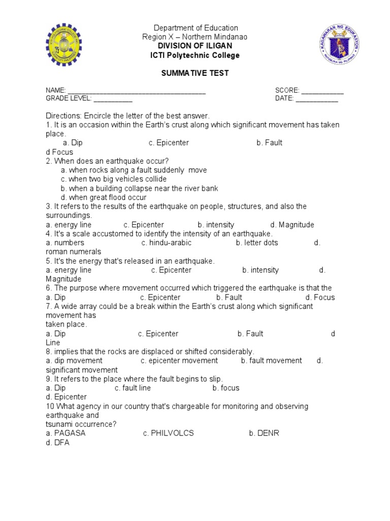 Summative Test - G8 - Science | Download Free PDF | Earthquakes | Fault ...
