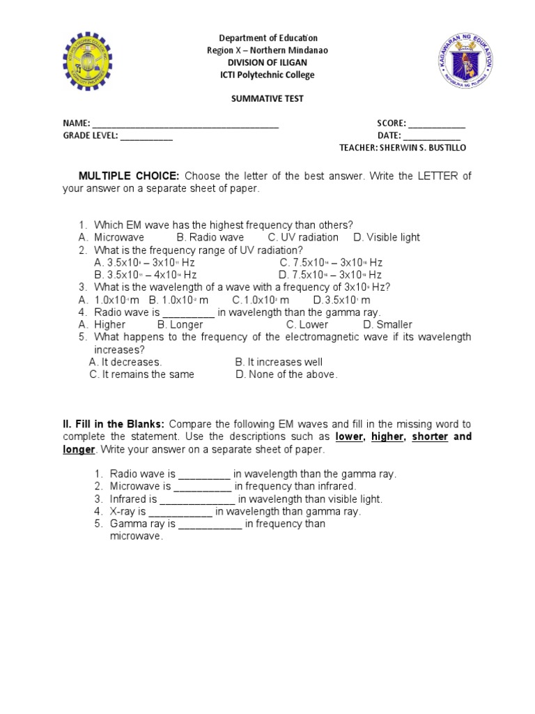 Summative Test-G10 Science | PDF | Frequency | Electromagnetic Radiation
