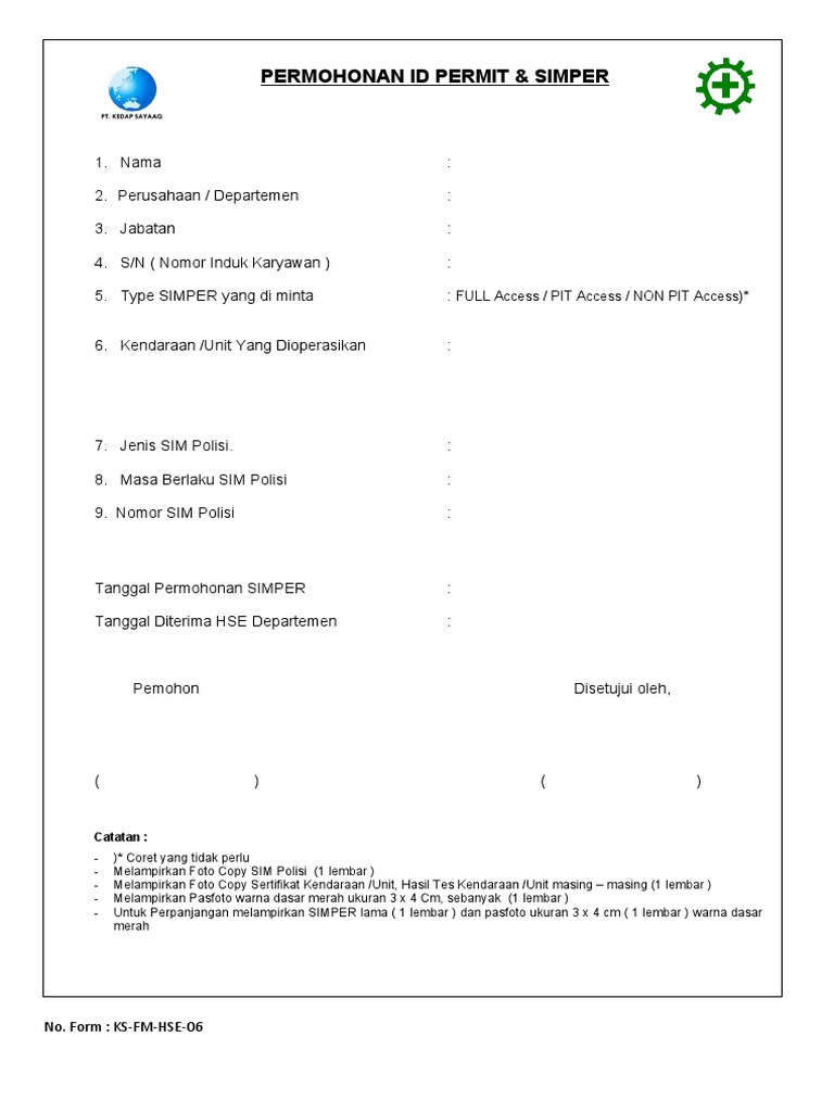 KS-FM-HSE-06 Form Permohonan ID PERMIT & SIMPER | PDF
