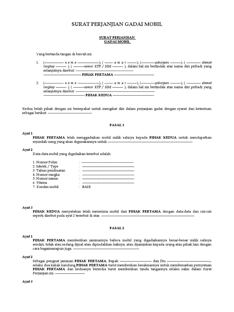 Surat Perjanjian Gadai Mobil Resmi | PDF