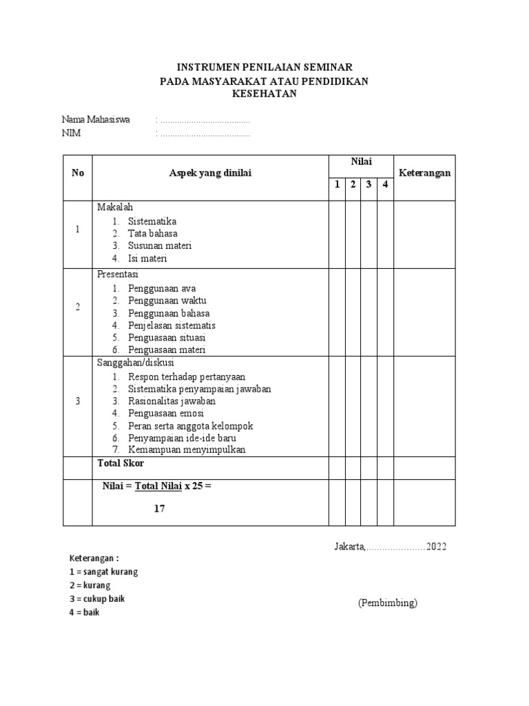 Instrumen Penilaian Seminar | PDF | Metode & Bahan Ajar | Seni