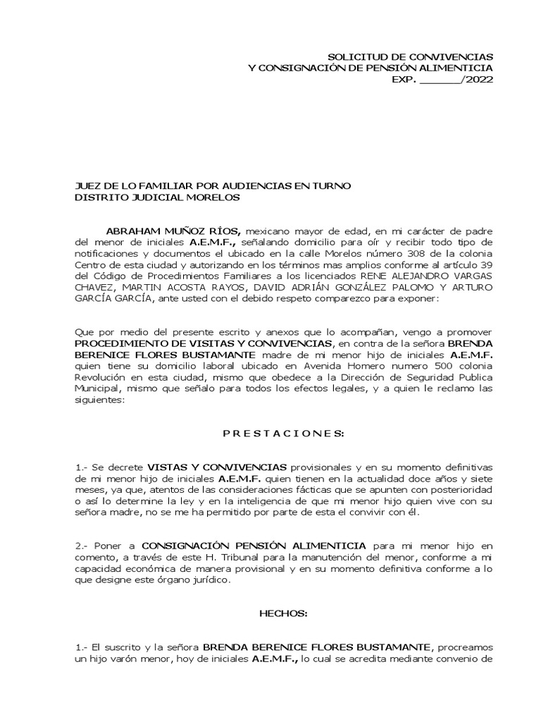Solicitud de Visitas y Pensión Alimenticia | PDF | Pensión alimenticia ...