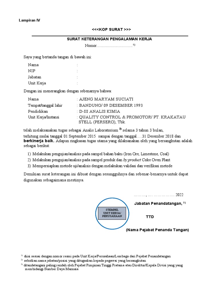 Lampiran IV-Surat Keterangan Kerja | PDF
