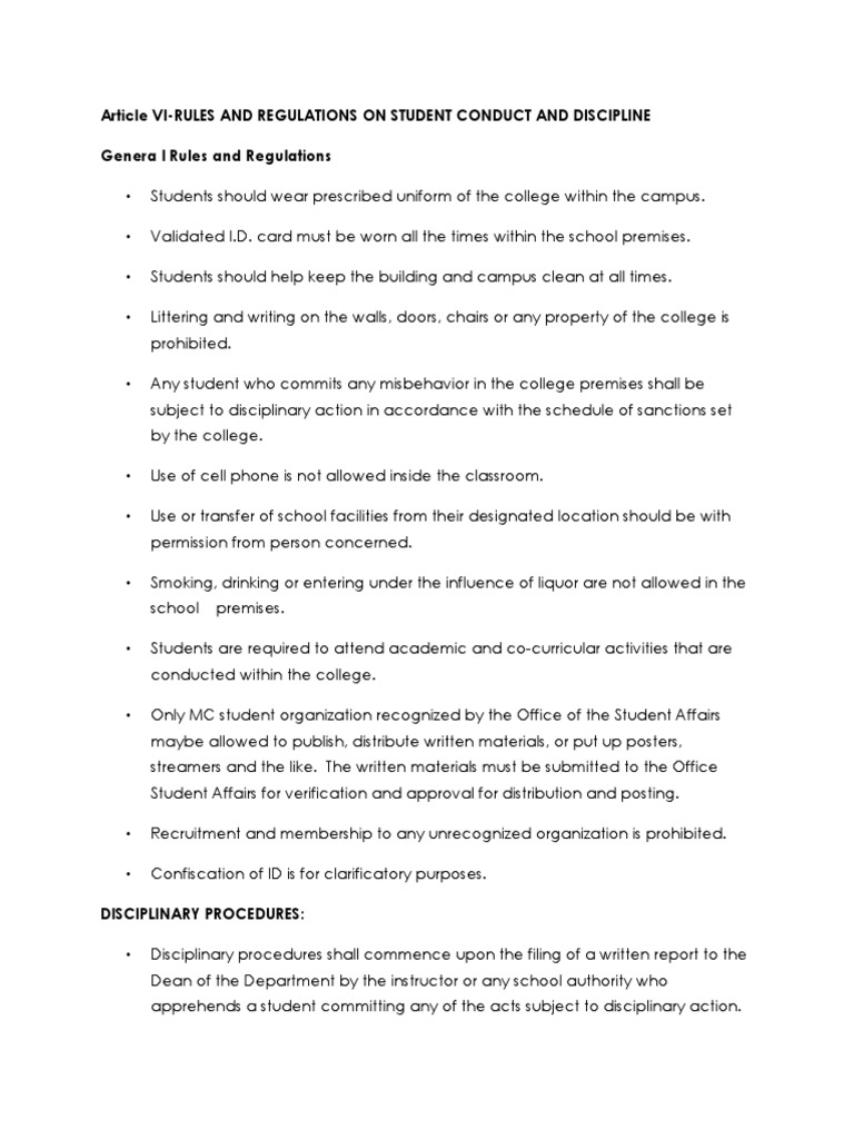 Article VI-RULES AND REGULATIONS ON STUDENT CONDUCT AND DISCIPLINE ...