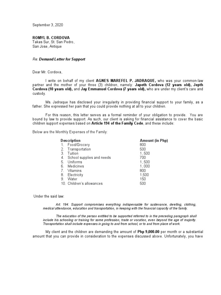 Demand Letter for Child Support | PDF | Psychological Abuse | Applied ...