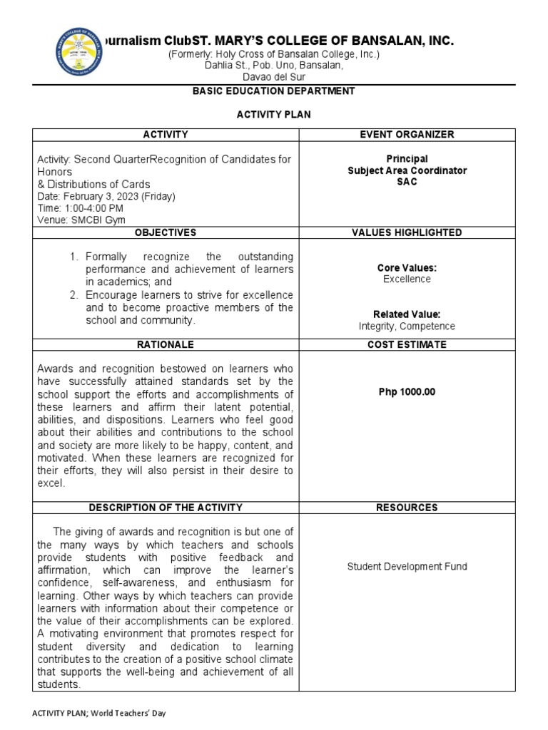 1st Quarter Recognition Activity Plan | PDF | Learning | Teachers