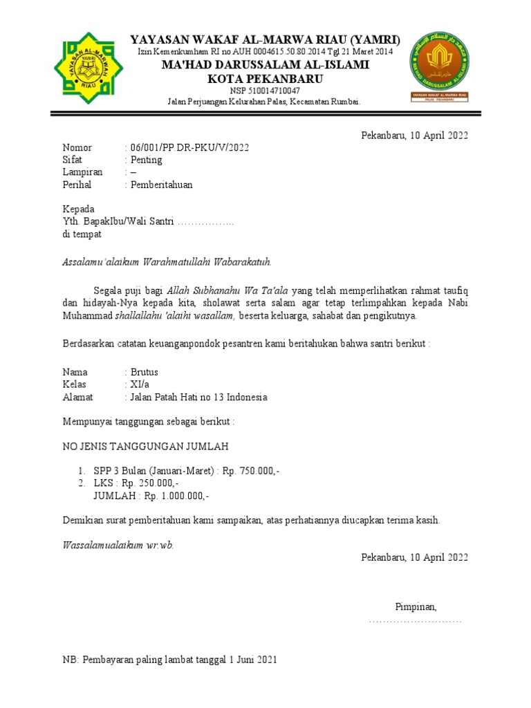 Surat Pemberitahuan Pembayaran SPP | PDF