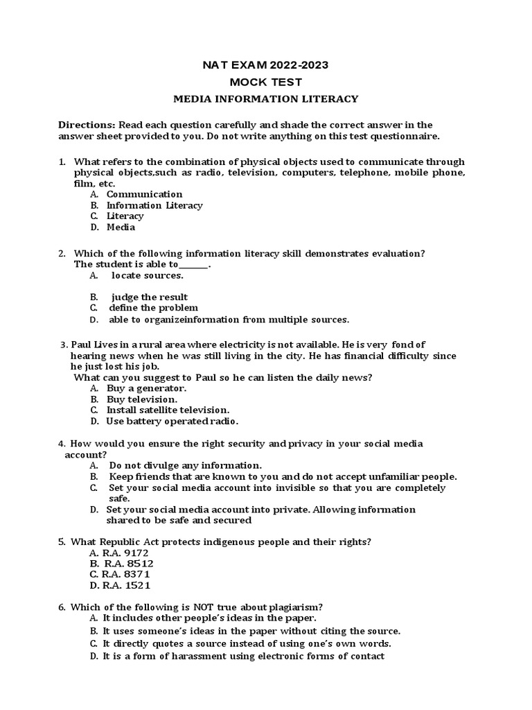 Media Literacy Mock Test 2022-2023 | PDF | Mass Media | Advertising