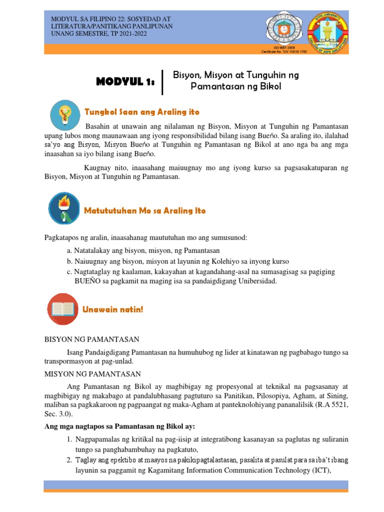 MODYUL 1 Bisyon, Misyon at Tunguhin NG Pamantasan NG Bikol | PDF