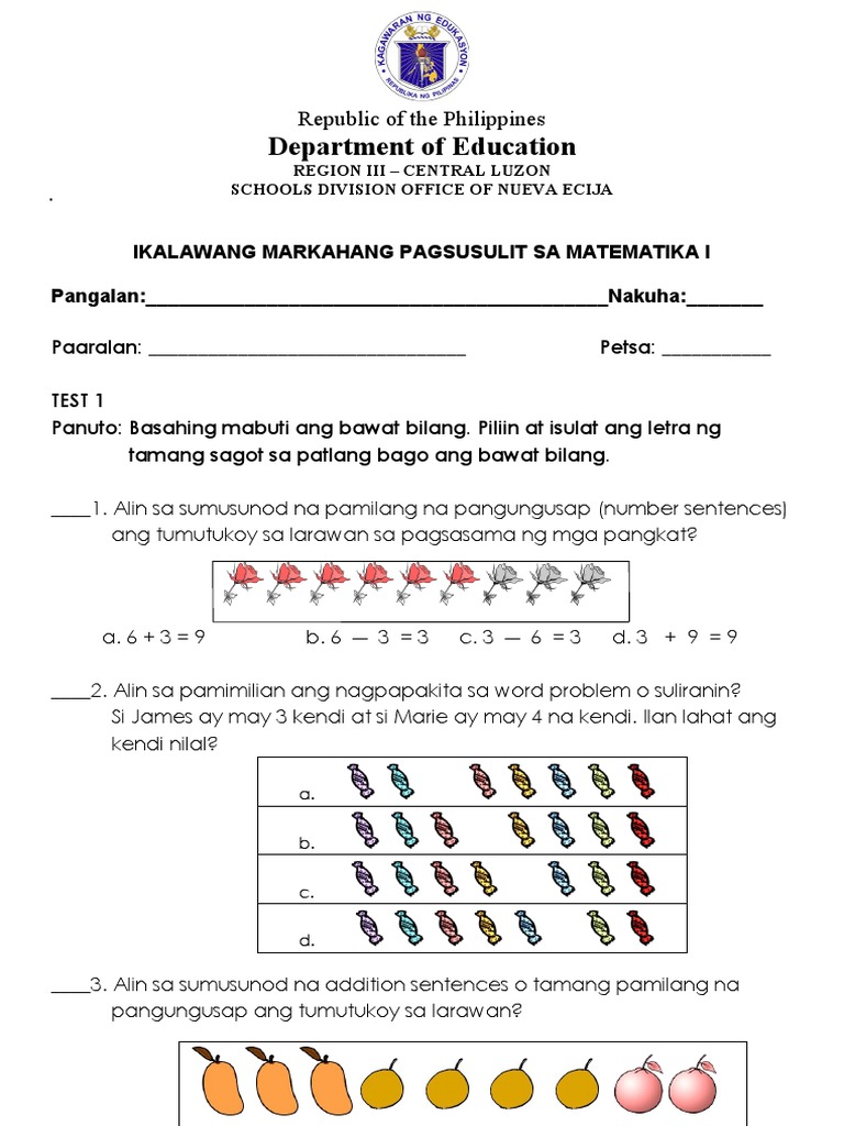 Ikalawang Markahang Pagsusulit Sa Matematika I With Tos Ak Grade 1 | PDF
