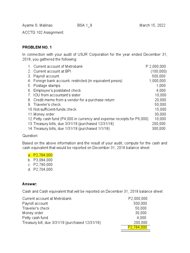 Acctg 102 Assignment 1 Cce | PDF | Cheque | Deposit Account