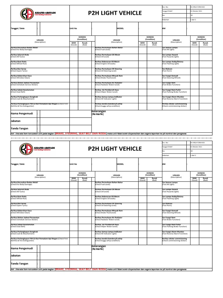 Formulir P2H Kendaraan Ringan | PDF