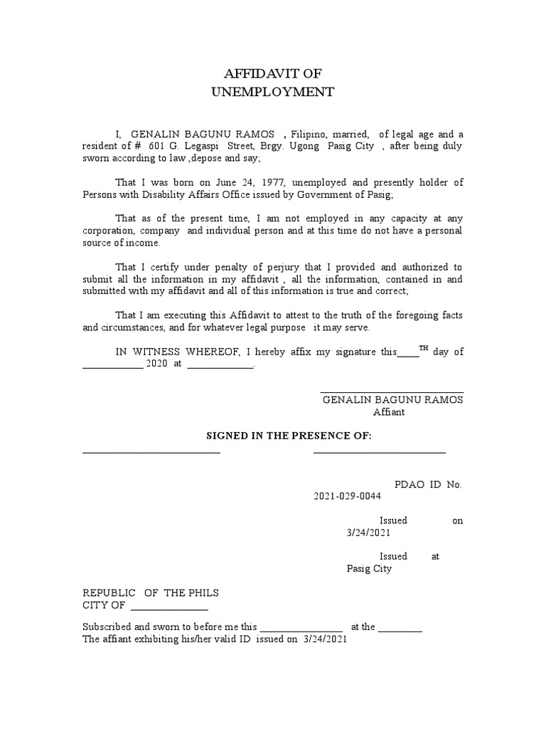 Affidavit of Non Employment | PDF