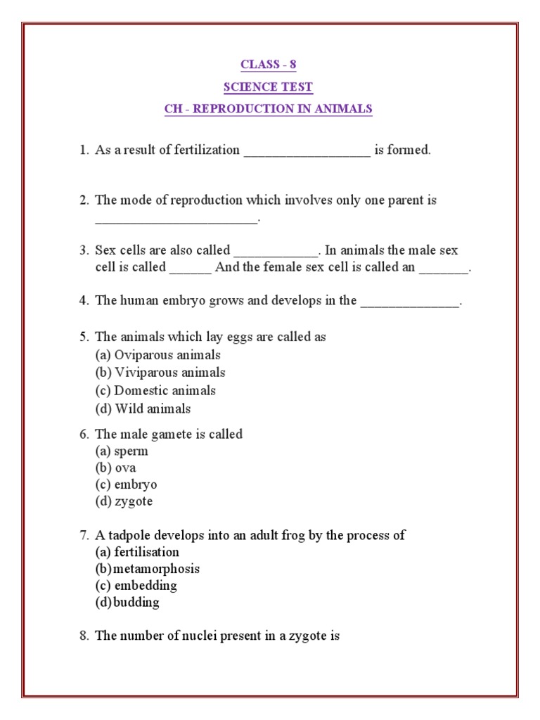 Class 8 Science: Animal Reproduction Quiz | PDF | Sexual Reproduction ...