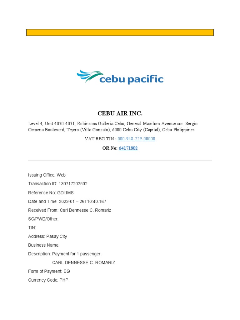 Cebu Air Payment Receipt Details | PDF