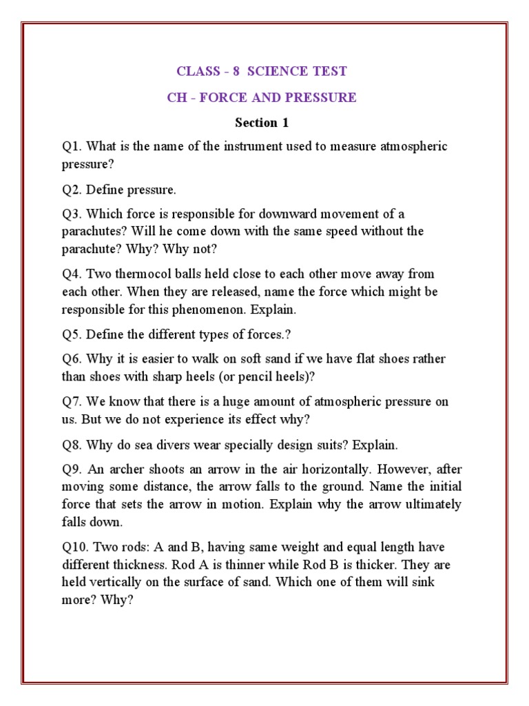 Class 8 Science: Force & Pressure Quiz | PDF | Pressure | Force