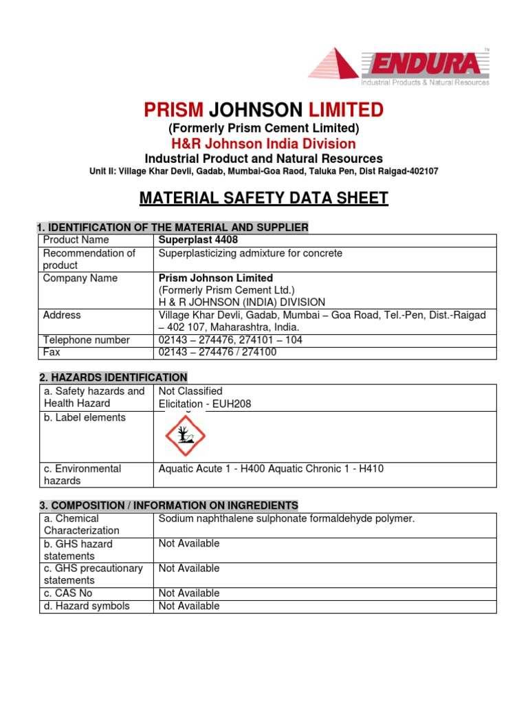 MSDS - Superplast 4408 | PDF | Chemistry | Safety