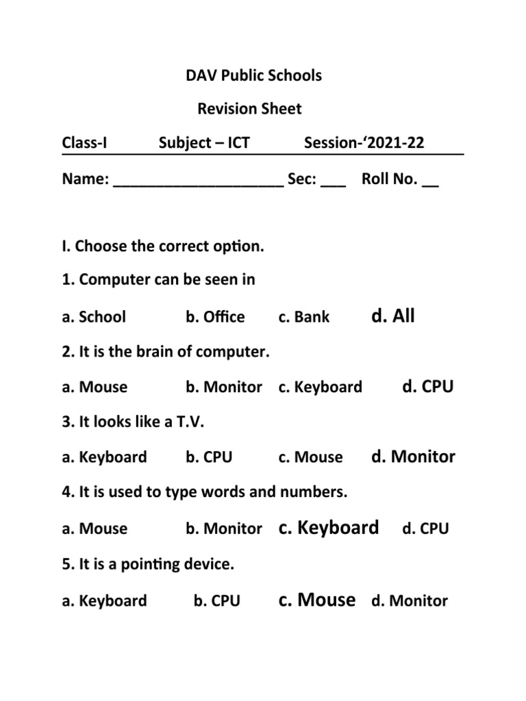 Rev. Sheet Class-I | PDF | Computer Keyboard | Computer Monitor