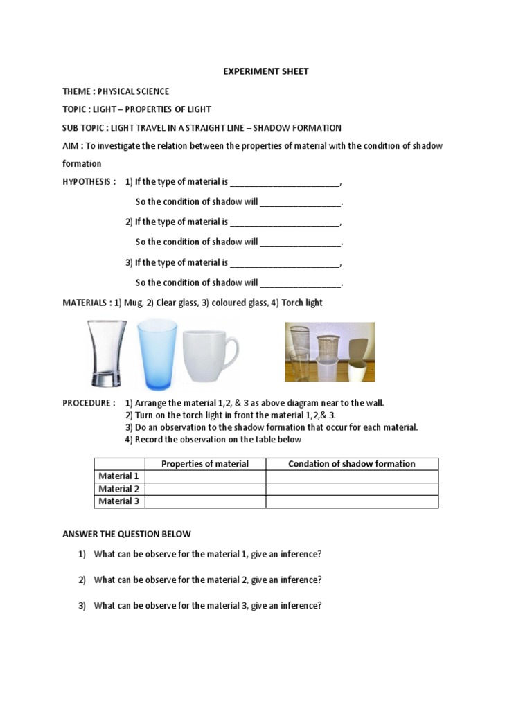 Experiment Sheet-Shadow Formation | PDF