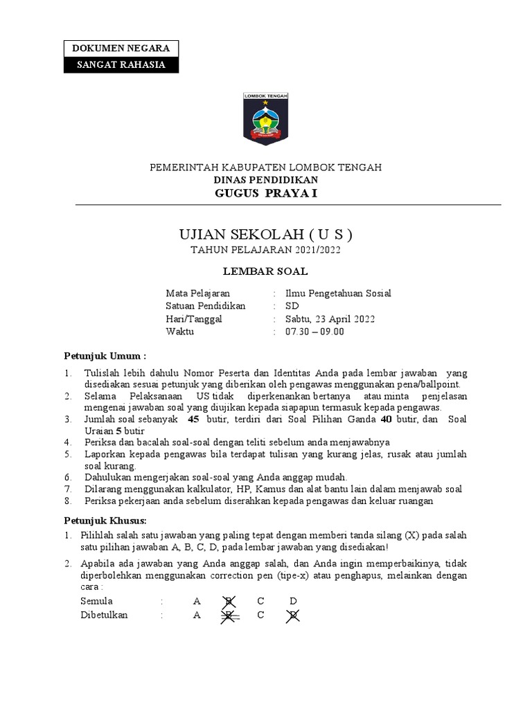 Soal Us SD Ips 2022 | PDF