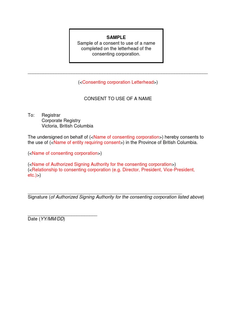 Consent To Use of A Name Sample | PDF