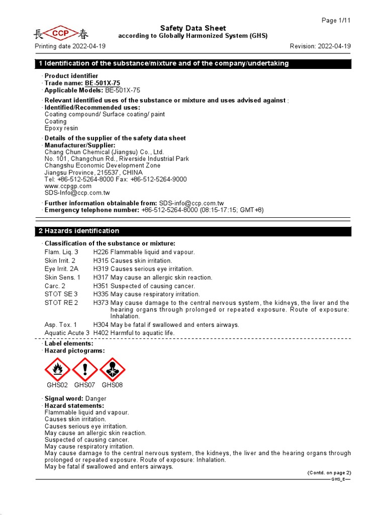 SDS - 0109-Be-501x-75 GHS e | PDF | Firefighting | Toxicity