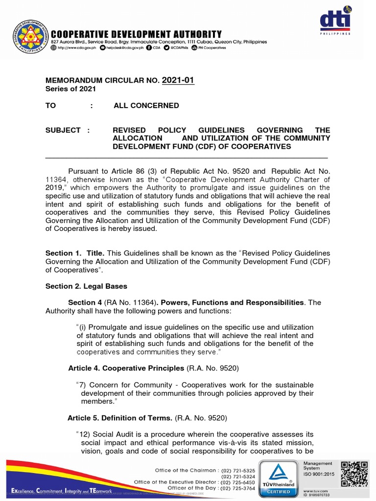 CDA Memorandum Circular No 2021 01 | PDF | Cooperative | Policy